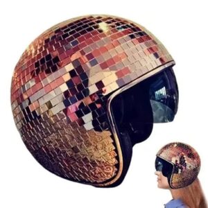 retro disco ball half helmet for men women, 3/4 glitter mirror disco ball half open helmet party helmet hat art decorations dj nightclub stage bar party helmet, dot approved -rose gold-57-62cm