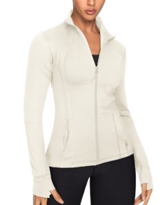 gym rainbow women's lightweight running jackets cottony-soft 4-way stretch zip up slim fit workout yoga athletic jacket(a-ivory white,small)