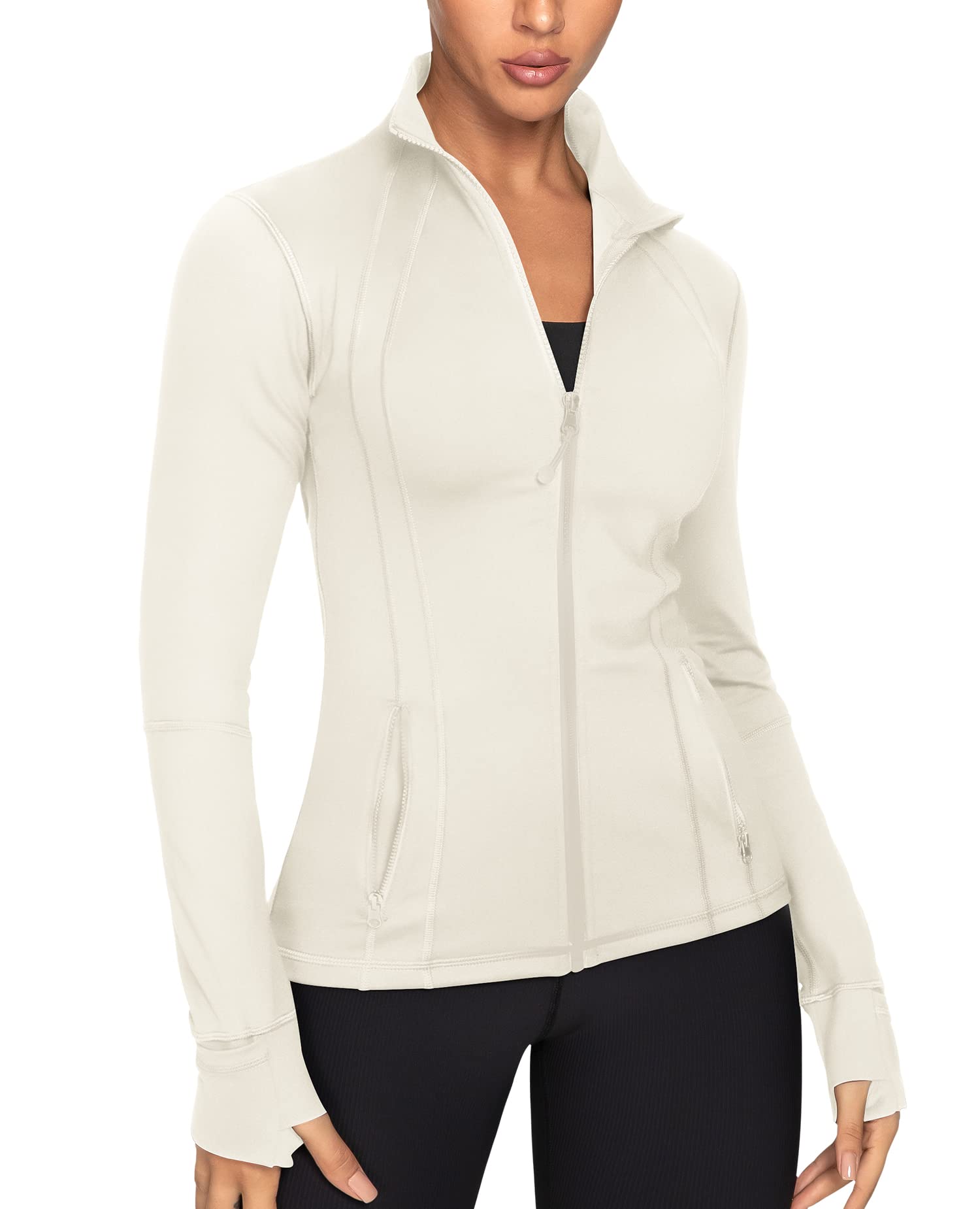 GYM RAINBOW Women's Lightweight Running Jackets Cottony-Soft 4-Way Stretch Zip up Slim Fit Workout Yoga Athletic Jacket(A-Ivory White,Small)