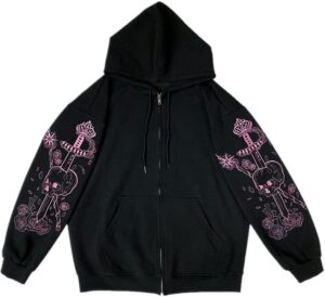 women y2k fall goth skeleton dark academia zip up hoodie, harajuku alt punk vintage emo graphic korean hooded jacket (m,medium) black