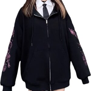 Women Y2K Fall Goth Skeleton Dark Academia Zip Up Hoodie, Harajuku Alt Punk Vintage Emo Graphic Korean Hooded Jacket (M,Medium) Black