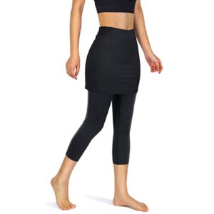 Athletic Pants Legging Skirted Pockets Tennis Elastic Capris Women Yoga Skirts Sports Butt Lifting Leggings (Black, L)