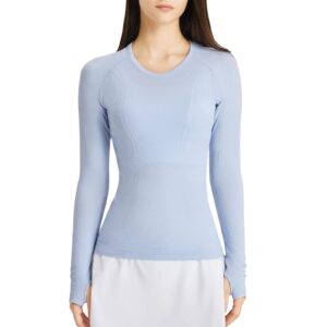 long sleeve workout shirts for women seamless yoga tops, running t-shirt breathable gym athletic tops slim fit blue