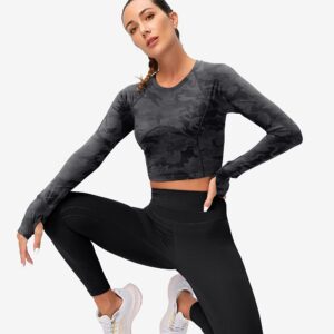 SANTINY Women's Long Sleeve Crop Workout Tops Slim Fit Gym Yoga Running Shirts for Women(Grey Camo_XL)