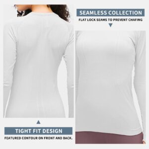 Long Sleeve Workout Shirts for Women Seamless Yoga Tops, Running T-Shirt Breathable Gym Athletic Tops Slim Fit White