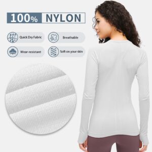 Long Sleeve Workout Shirts for Women Seamless Yoga Tops, Running T-Shirt Breathable Gym Athletic Tops Slim Fit White