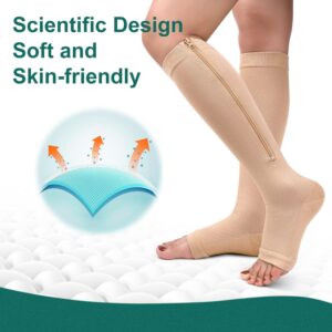 CTHH 2 Pairs Zipper Compression Socks 15-20mmgh-Calf Knee High Open Toe Compression Stocking