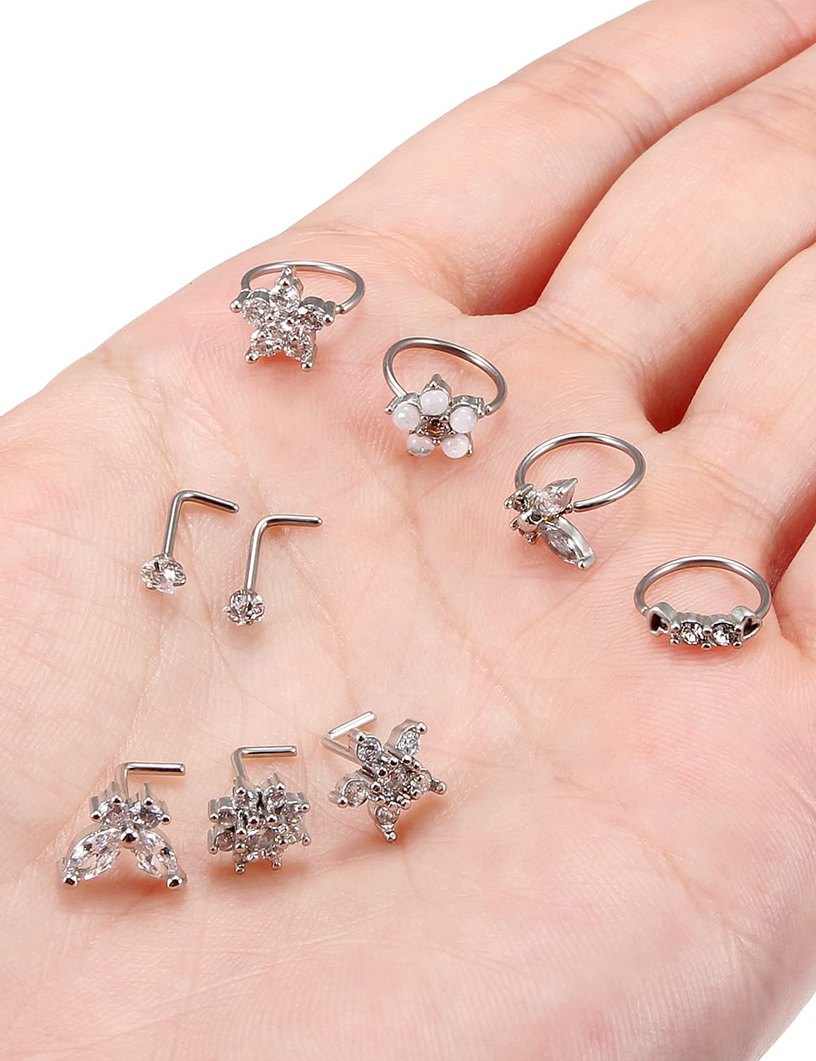 Pnsgisr Nose Rings Studs Hoops Piercings Jewelry for Women Men 20g 20 Gauge Silver Surgical Stainless Steel l Shaped Shape Stuf Bar Big Hypoallergenic Butterfly Nostril Aretes Para La Nariz