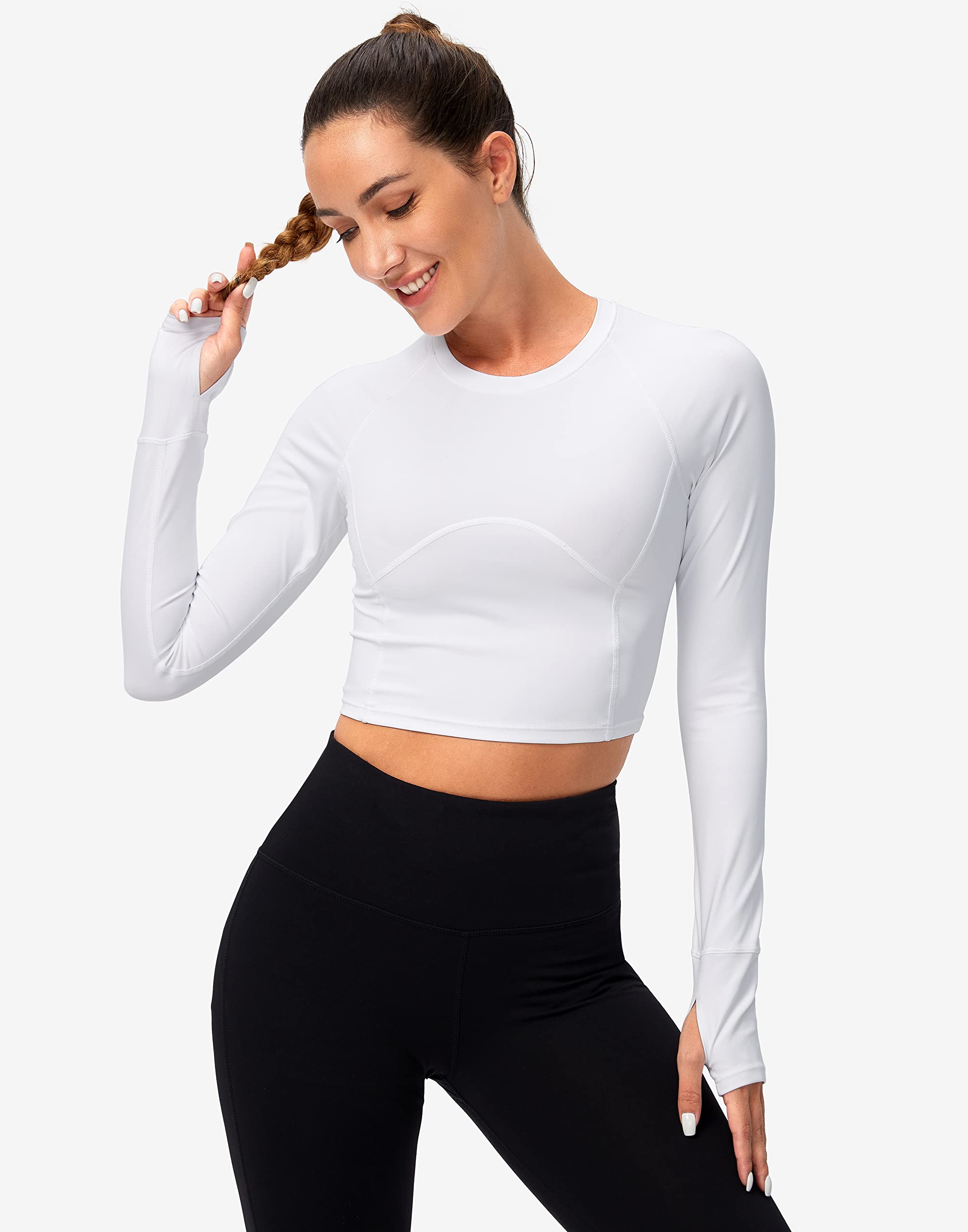 SANTINY Women's Long Sleeve Crop Workout Tops Slim Fit Gym Yoga Running Shirts for Women(A White_M)