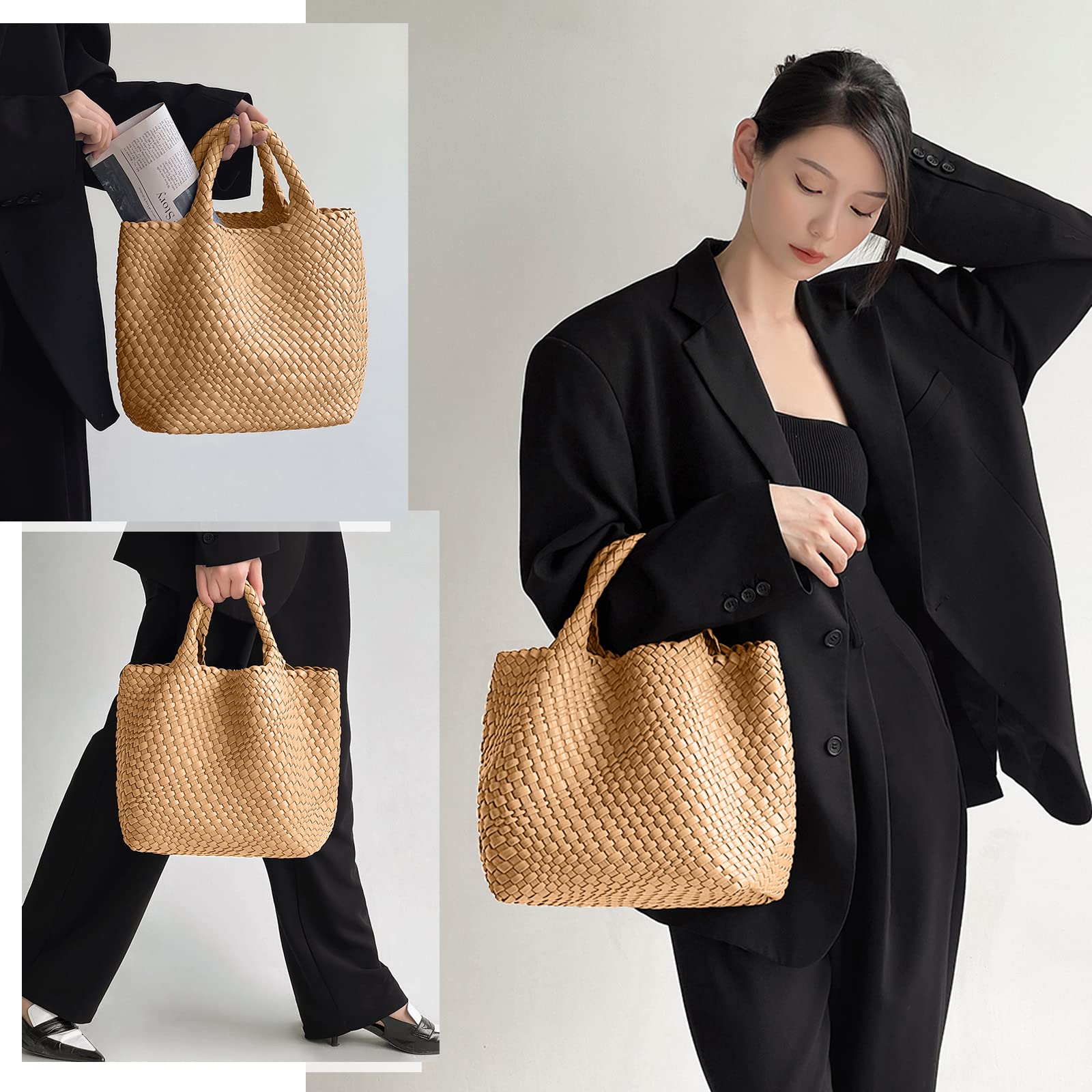 KALIDI Woven Tote Bag, Women Macaron Soft Leather Weave Handbag Purse Wrist Bag Large Capacity Work Shopping Travel Daily