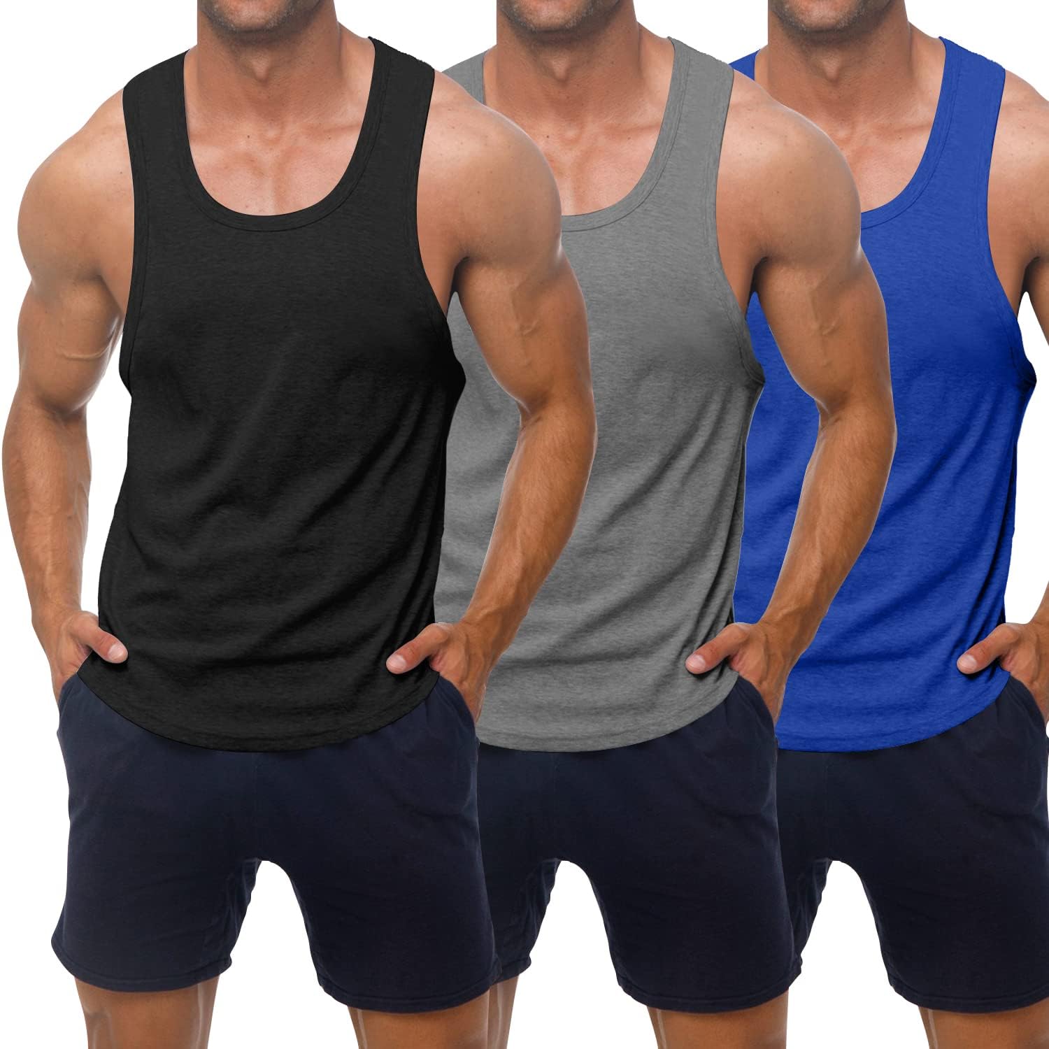 KAWATA Men's 3 Pack Dry Fit Workout Tank Top Gym Muscle Tee Fitness Bodybuilding Sleeveless T Shirts