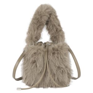 hyuyikuwol women faux fur winter fashion shoulder bag barrel shape drawstring satchel purse, khaki