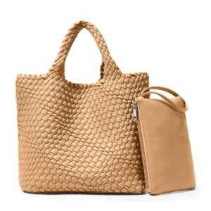 kalidi woven tote bag, women macaron soft leather weave handbag purse wrist bag large capacity work shopping travel daily