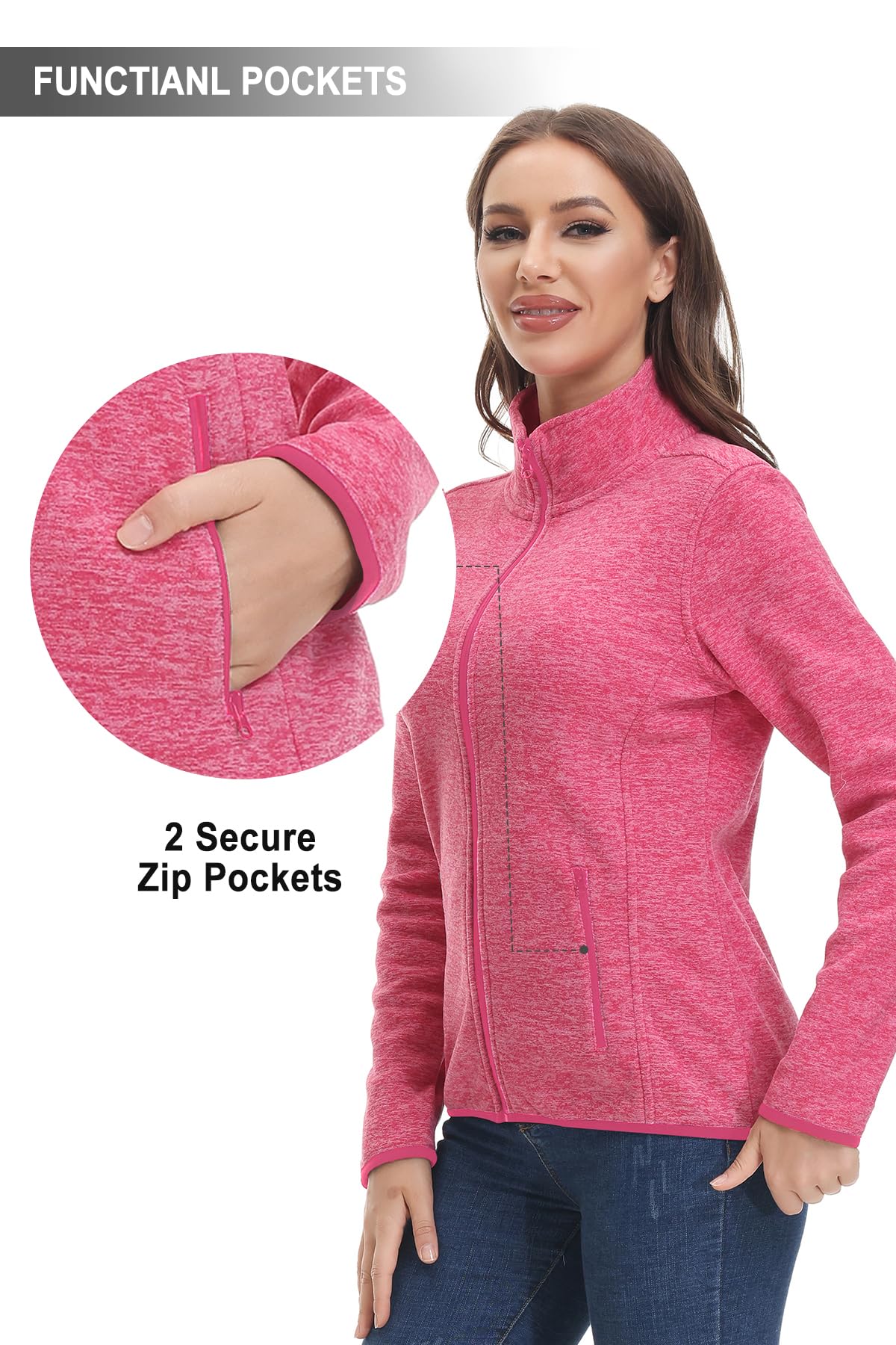 COZZIPLUS Women Zip Up Sweater Jacket with Fleece Interior, Warm Knitted Fleece Jacket with Pockets (Rose Fuchsia Melange, X-Large)