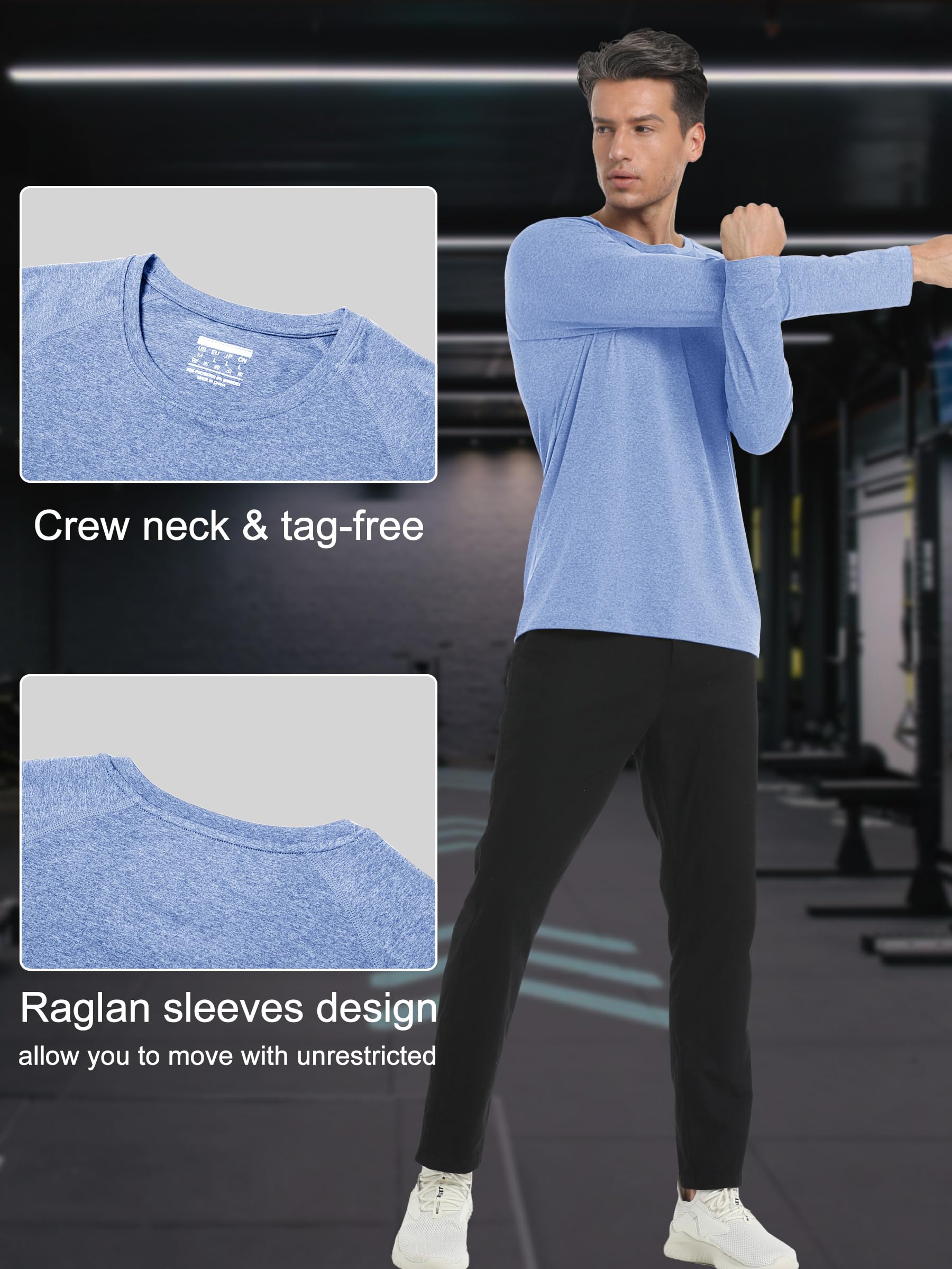 MAGCOMSEN Athletic Shirts for Men Long Sleeve UPF 50 Sun Protection Dry Fit T Shirt Workout Running Outdoor Shirts Light Blue,L