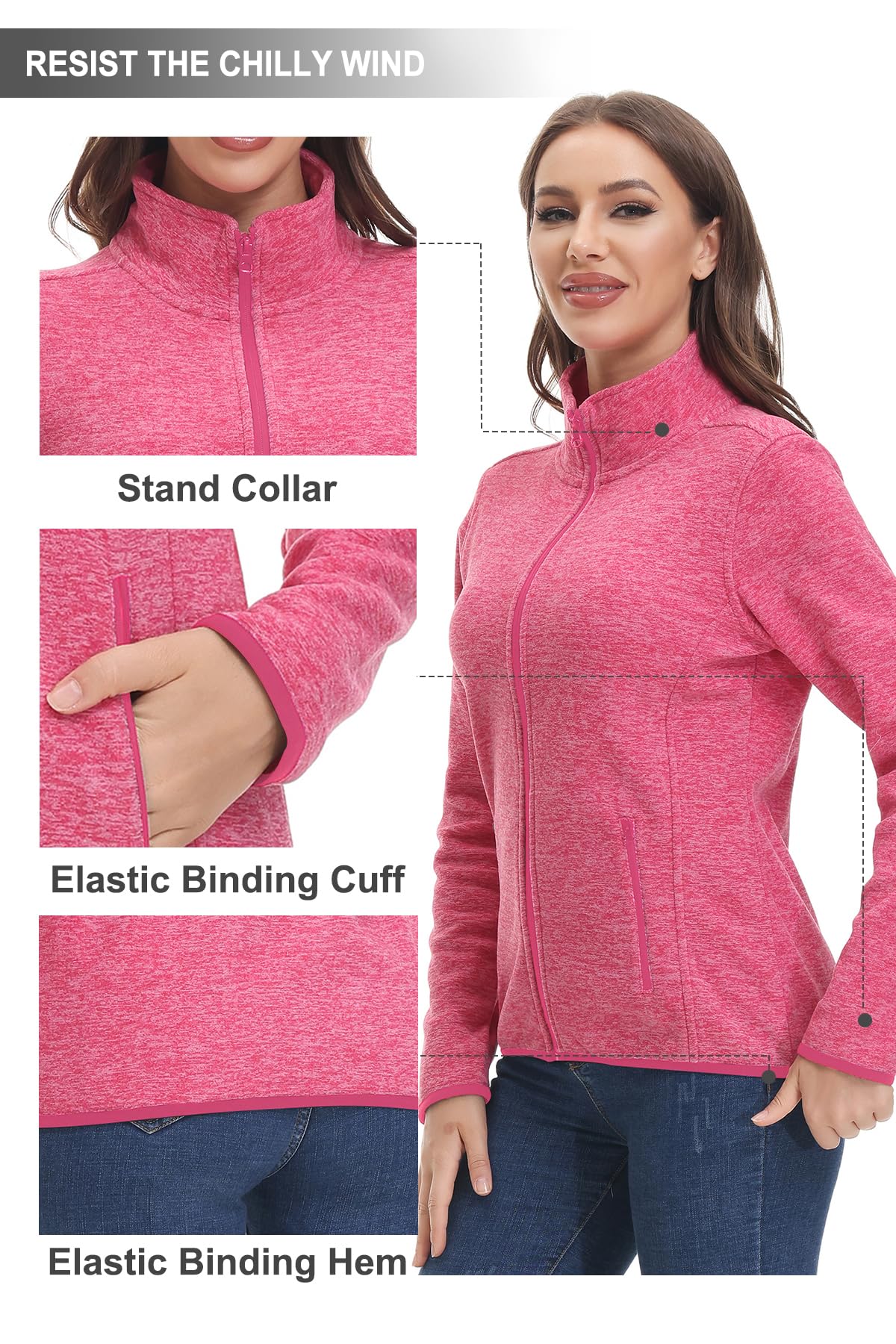 COZZIPLUS Women Zip Up Sweater Jacket with Fleece Interior, Warm Knitted Fleece Jacket with Pockets (Rose Fuchsia Melange, X-Large)