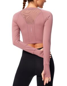 santiny women's long sleeve crop workout tops slim fit gym yoga running shirts for women(b pink_m)