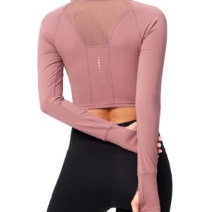 SANTINY Women's Long Sleeve Crop Workout Tops Slim Fit Gym Yoga Running Shirts for Women(B Pink_M)