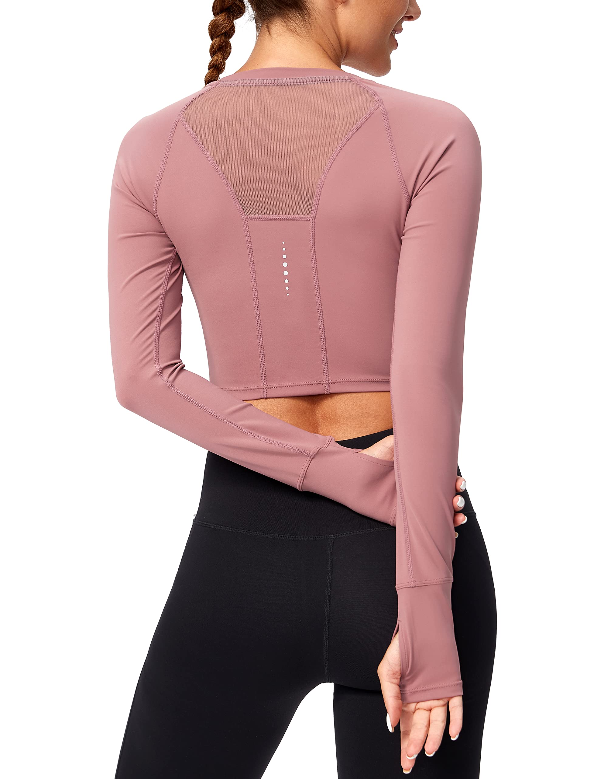 SANTINY Women's Long Sleeve Crop Workout Tops Slim Fit Gym Yoga Running Shirts for Women(B Pink_M)