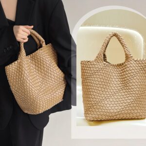 KALIDI Woven Tote Bag, Women Macaron Soft Leather Weave Handbag Purse Wrist Bag Large Capacity Work Shopping Travel Daily