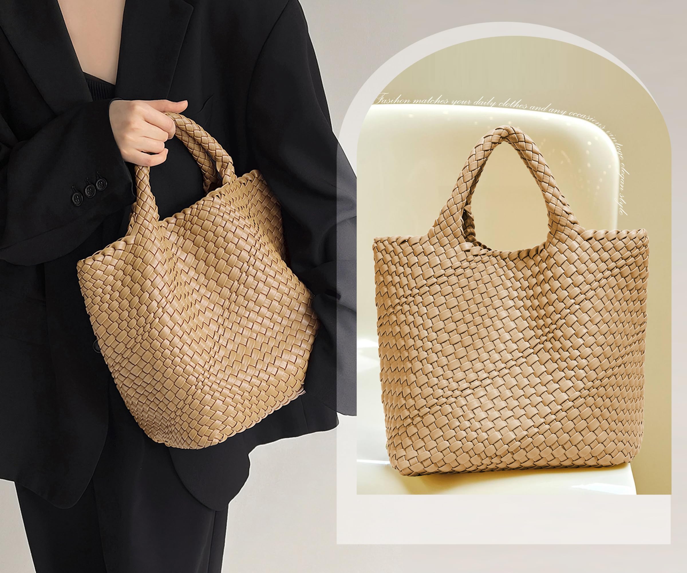 KALIDI Woven Tote Bag, Women Macaron Soft Leather Weave Handbag Purse Wrist Bag Large Capacity Work Shopping Travel Daily