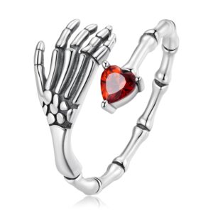 gothic skeleton hand sterling silver 925 open statement rings for women red crystal cz heart vintage skull plam wrap finger band adjustable biker rings halloween costume jewelry gifts