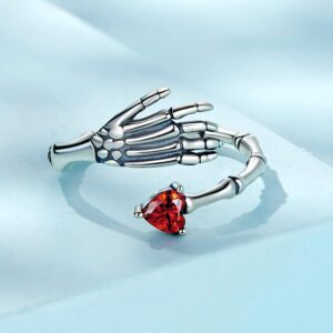 Gothic Skeleton Hand Sterling Silver 925 Open Statement Rings for Women Red Crystal CZ Heart Vintage Skull Plam Wrap Finger Band Adjustable Biker Rings Halloween Costume Jewelry Gifts