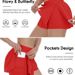 QooNoo 2 in 1 Athletic Shorts for Women Flowy Running Butterfly Shorts with Pockets High Elastic Gym Shorts Workout Tennis Skorts (Red,Small)