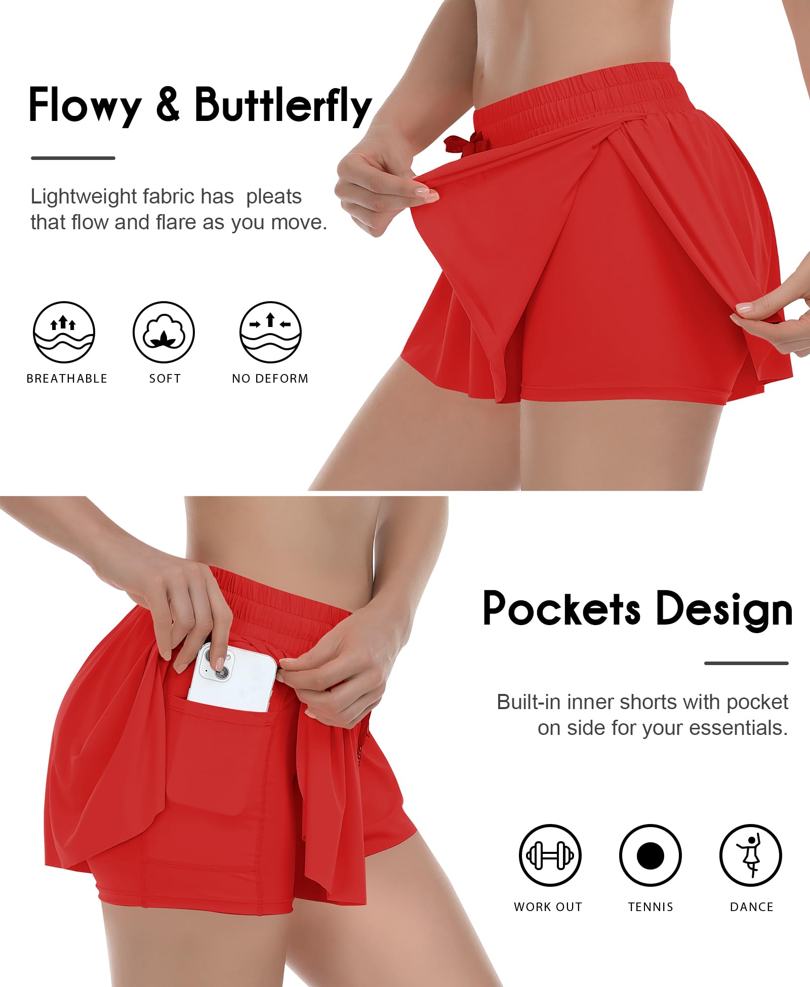 QooNoo 2 in 1 Athletic Shorts for Women Flowy Running Butterfly Shorts with Pockets High Elastic Gym Shorts Workout Tennis Skorts (Red,Small)