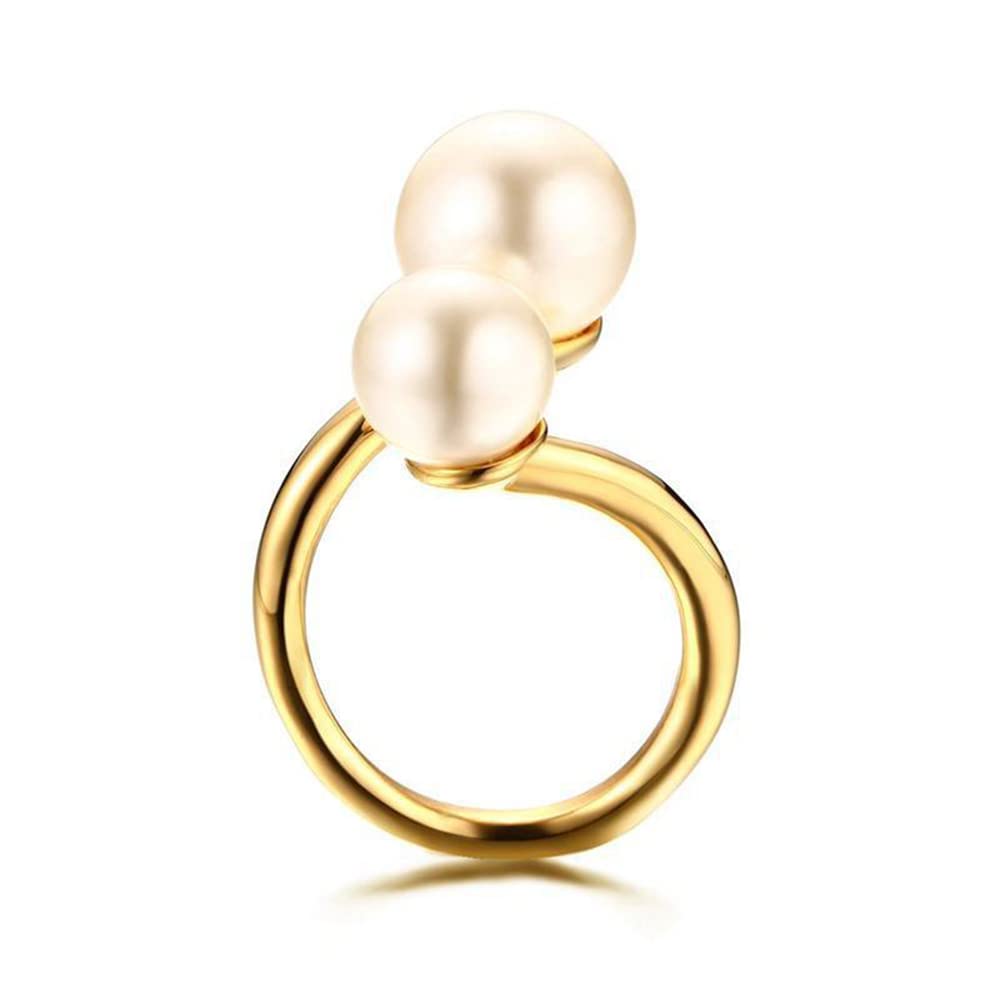 Double Pearls Promise Ring for Women Statement Expandable Adjustable Big Imitation Pearl Ball Open Band 18K Gold Plated Wrap Rings Stainless Steel Comfort Fit Engagement Wedding Jewelry Valentine's Day (7)