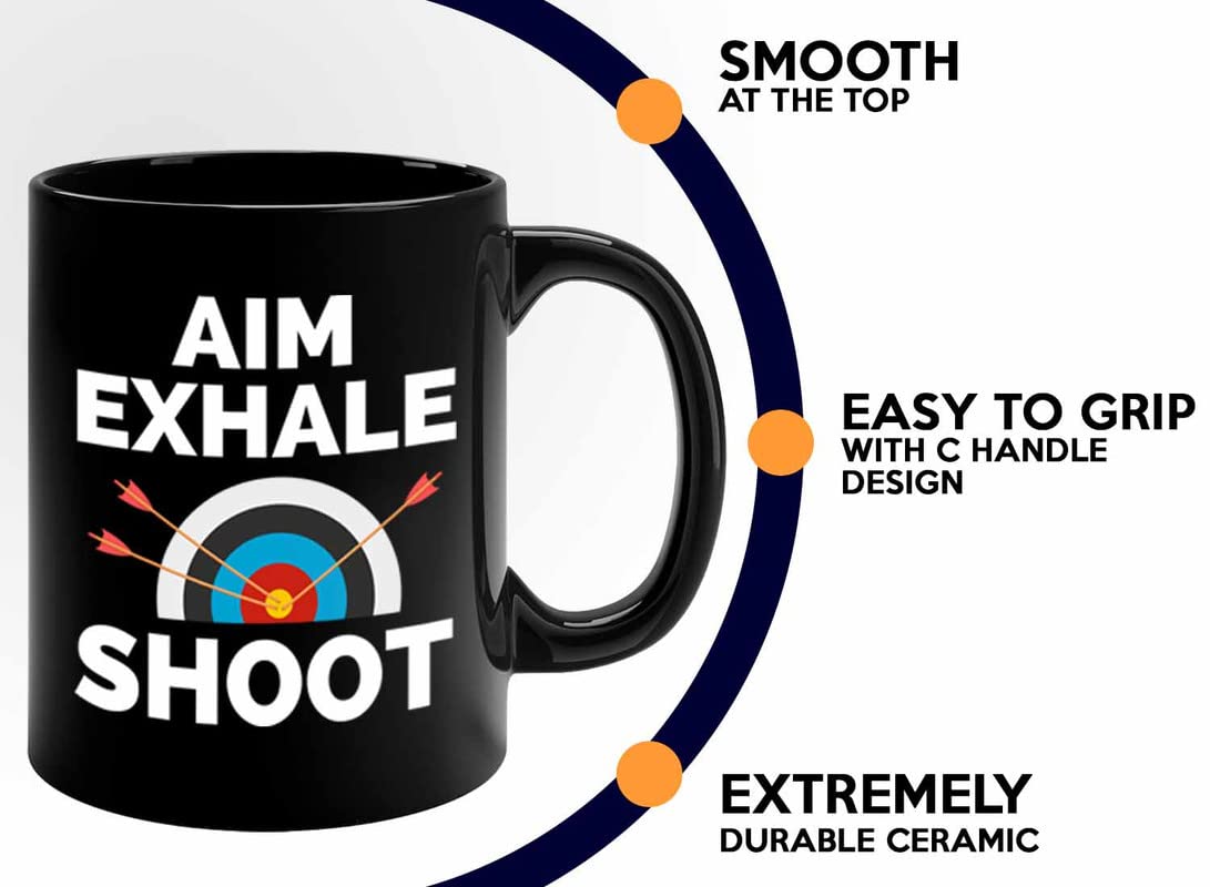 Bubble Hugs Archery Coffee Mug 11oz Black - Aim Exhale shoot - Archery Trainer Bowfishing Deer Shooting Target Shot