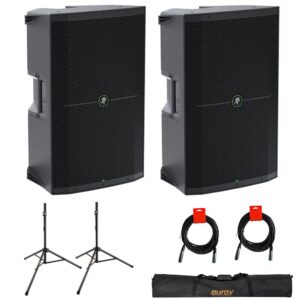 mackie thump215 1400w 15" powered pa loudspeaker system (pair) bundle with auray ss-47s-pb steel speaker stands, carrying case, and 2x 20 xlr-xlr cable