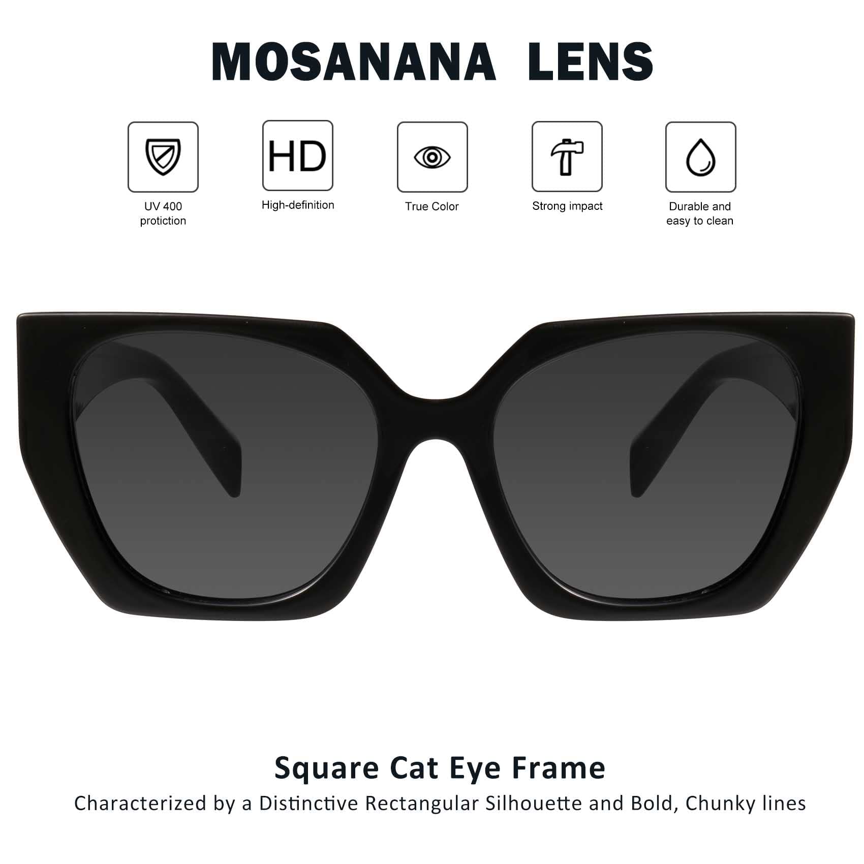 mosanana Square Cat Eye Sunglasses for Women Trendy Black Cateye Rectangle Cool 90s Cute Funky Fashion Ladies 70s Retro Vintage Youth Chunky Baddie Stylish Sharp Pointed Unique 80s 2023 COCO