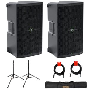 mackie thump212xt 1400w 12" powered pa loudspeaker system with dsp and bluetooth (pair) bundle with auray ss-47s-pb steel speaker stands, carrying case, and 2x xlr-xlr cable