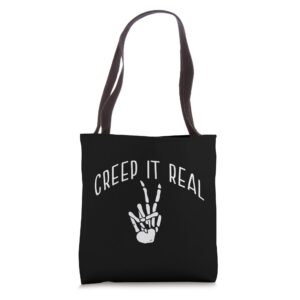 creep it real skeleton hands peace sign funny halloween meme tote bag