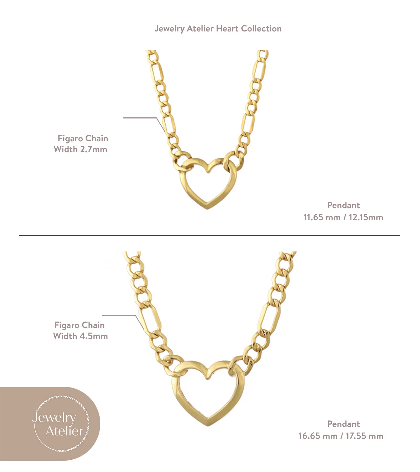 Jewelry Atelier Gold Filled Figaro Heart Necklaces – 14K Yellow Gold Filled Heart Pendant with Solid Figaro Chain for Women with Different Sizes (2.7mm, 4.5mm)