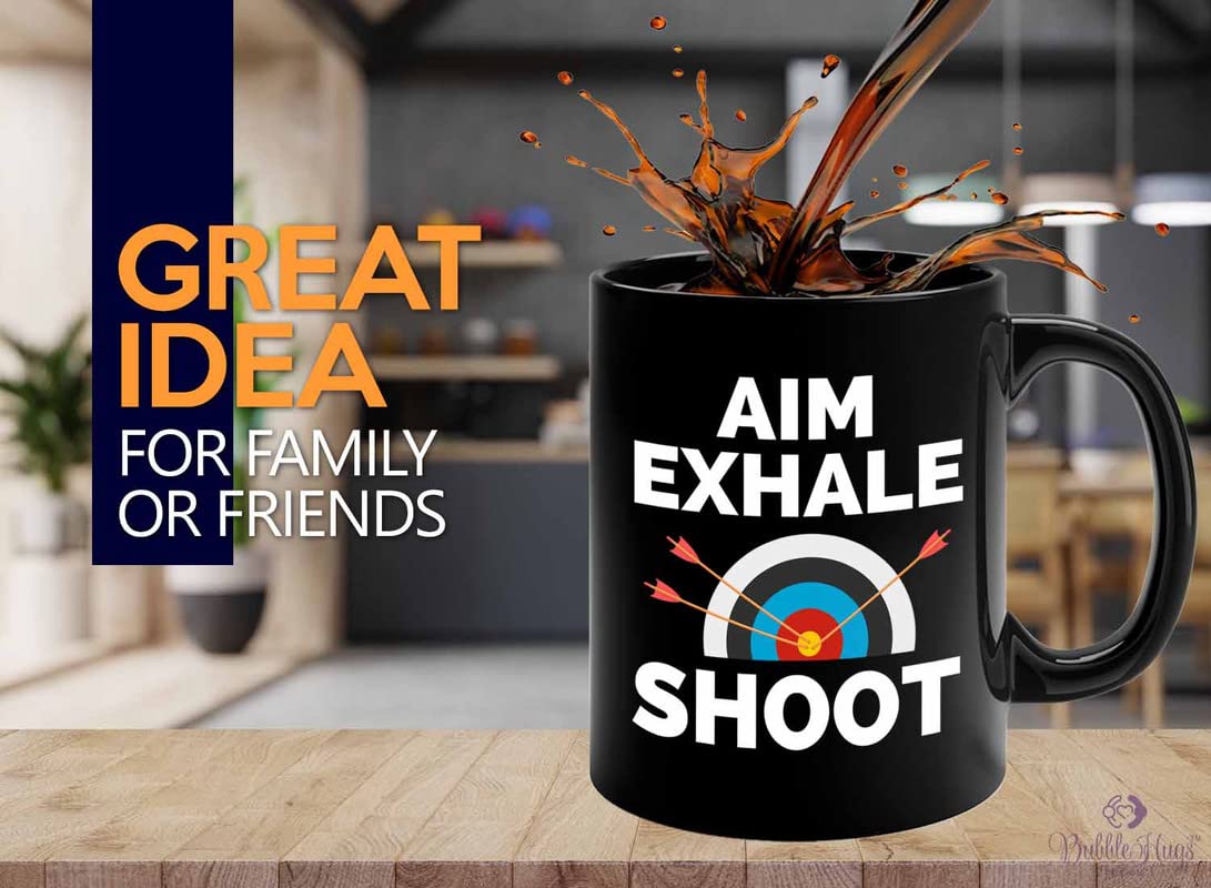 Bubble Hugs Archery Coffee Mug 11oz Black - Aim Exhale shoot - Archery Trainer Bowfishing Deer Shooting Target Shot