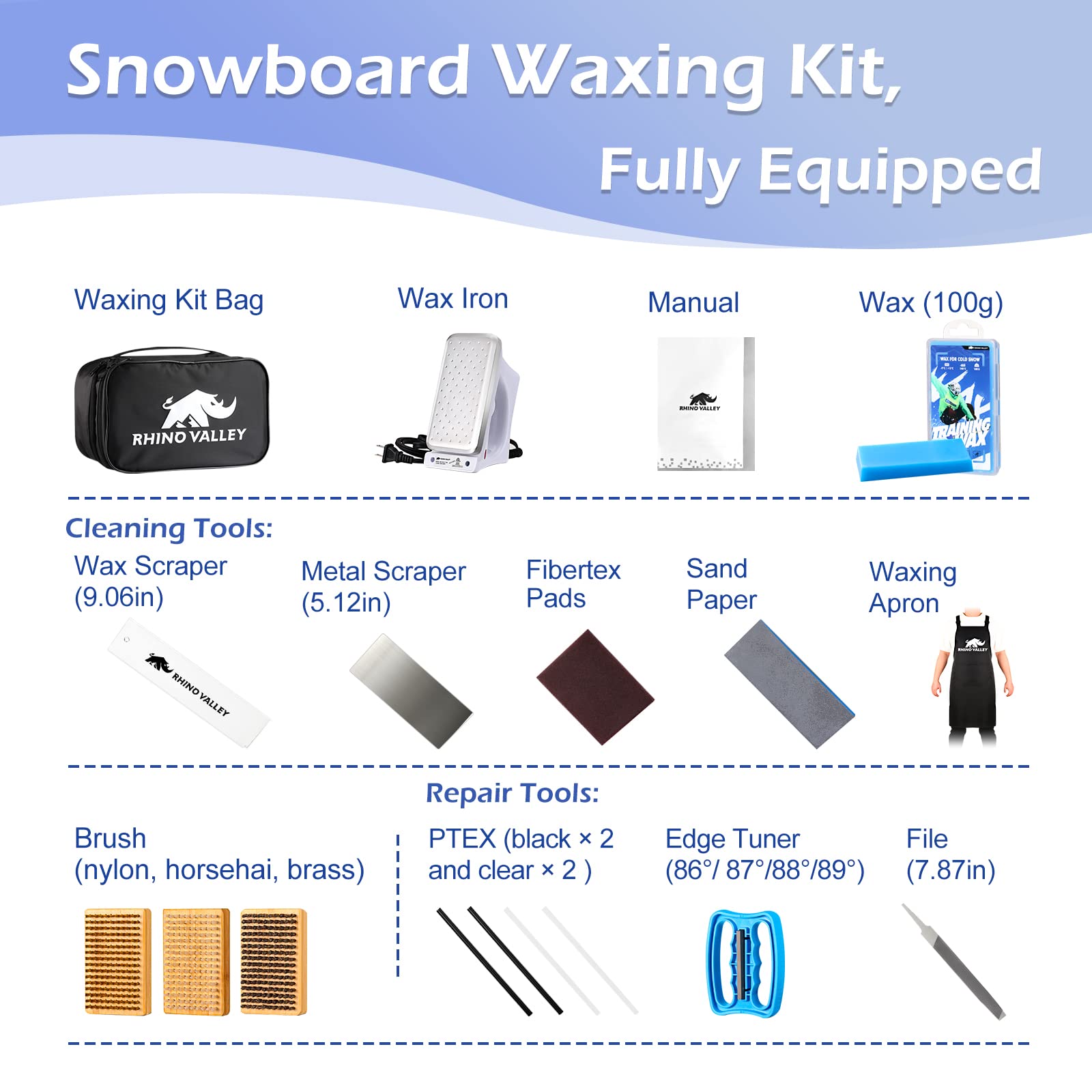 Rhino Valley Ski Snowboard Tuning and Waxing Kit, 15PCS Ski Wax Kit with 120V Waxing Iron, Snowboard Repair Kit Tuning Equipment with Universal Wax, Brush, Scraper, Ptex, Heavy Duty Carry Case