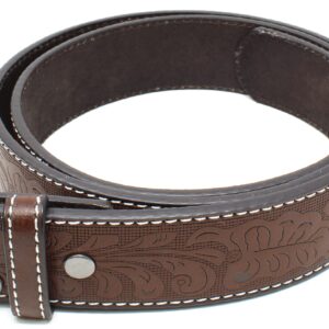 BC Belts Leather Belt Strap with White Stitching and Embossed Western Scrollwork 1.5" Wide with Snaps (Brown/White-L)