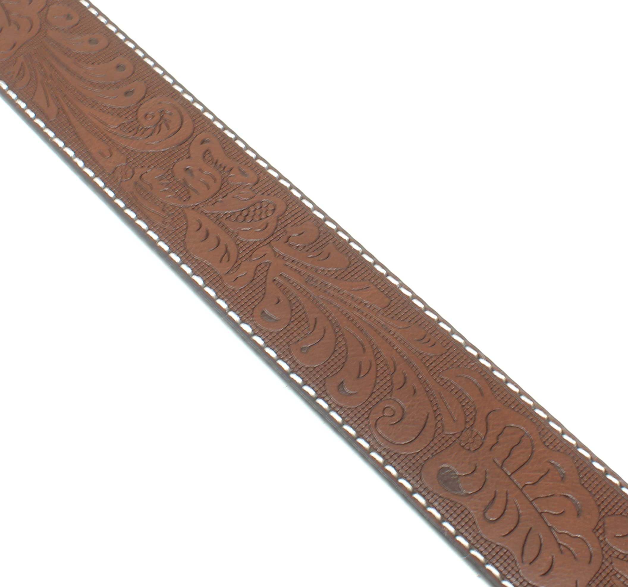 BC Belts Leather Belt Strap with White Stitching and Embossed Western Scrollwork 1.5" Wide with Snaps (Brown/White-L)