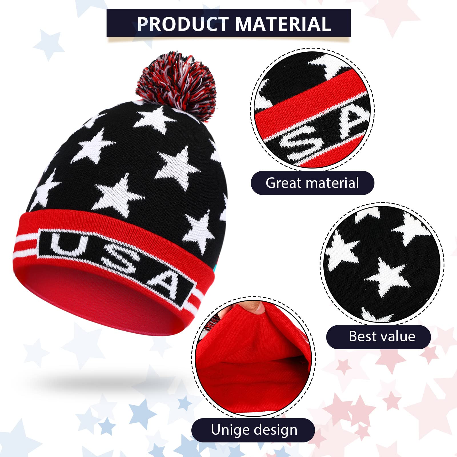 Tarpop 4 Pcs Winter Hat American Flag Pom Knit Beanie Fun USA Hat Warm Cuffed Beanie for Cold Days Men Women, Large(Delicate)