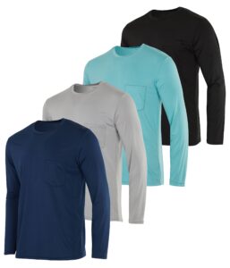 4 pack:men’s long sleeve pocket t-shirt workout quick dry crew upf sun fishing dri fit gym tee athletic active performance casual wicking exercise running cool sport training undershirt top set 2, xl