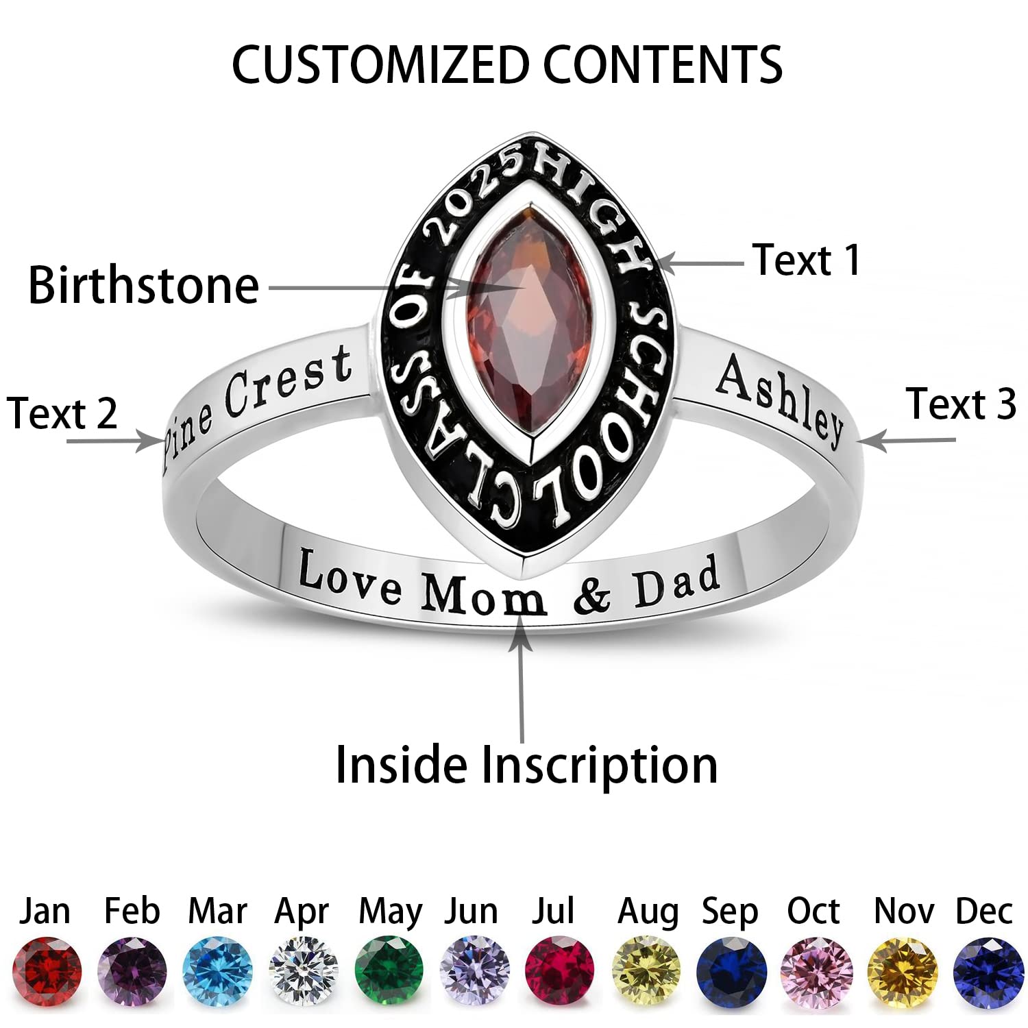 Ccjcinata 925 Sterling Silver Class Rings for Women High School Personalized Custom Rings Cubic Zirconia Birthstone Rings Graduation Rings Size 5-15 College Rings for Women