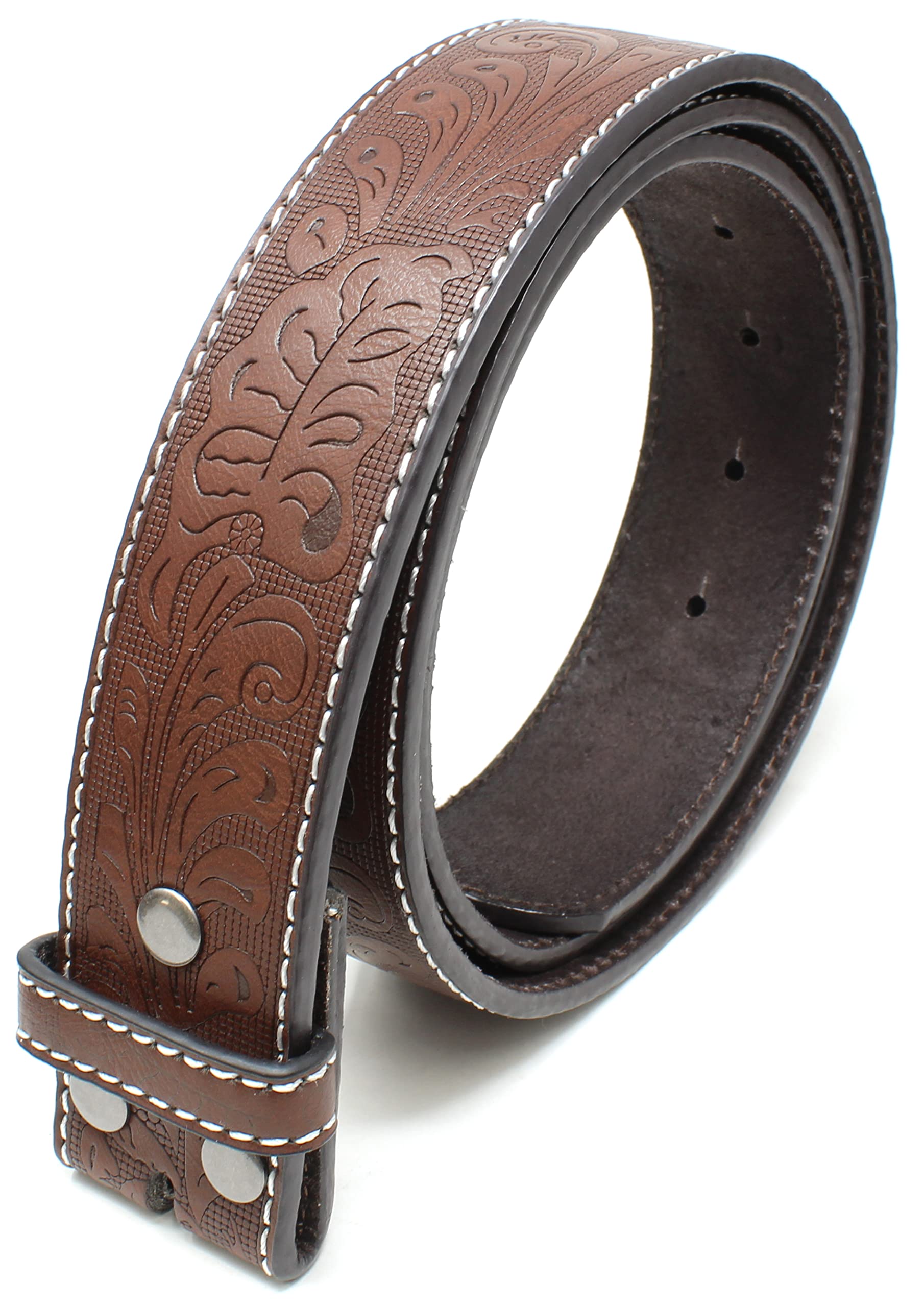 BC Belts Leather Belt Strap with White Stitching and Embossed Western Scrollwork 1.5" Wide with Snaps (Brown/White-L)