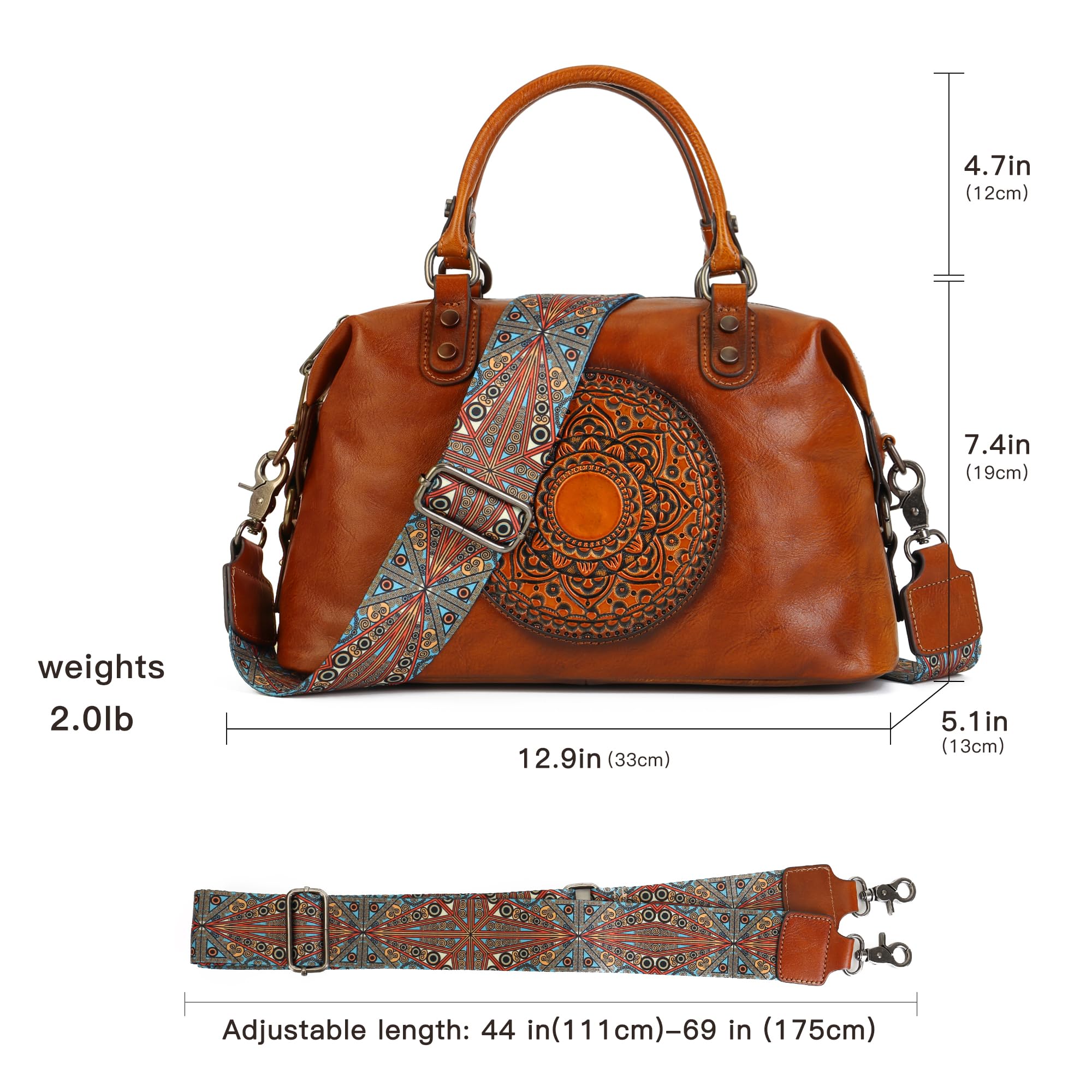 Leather Handbag for Women, Genuine Leather Purses Retro Mandela Crossbody Handbag Tote Bag (Retro Brown)