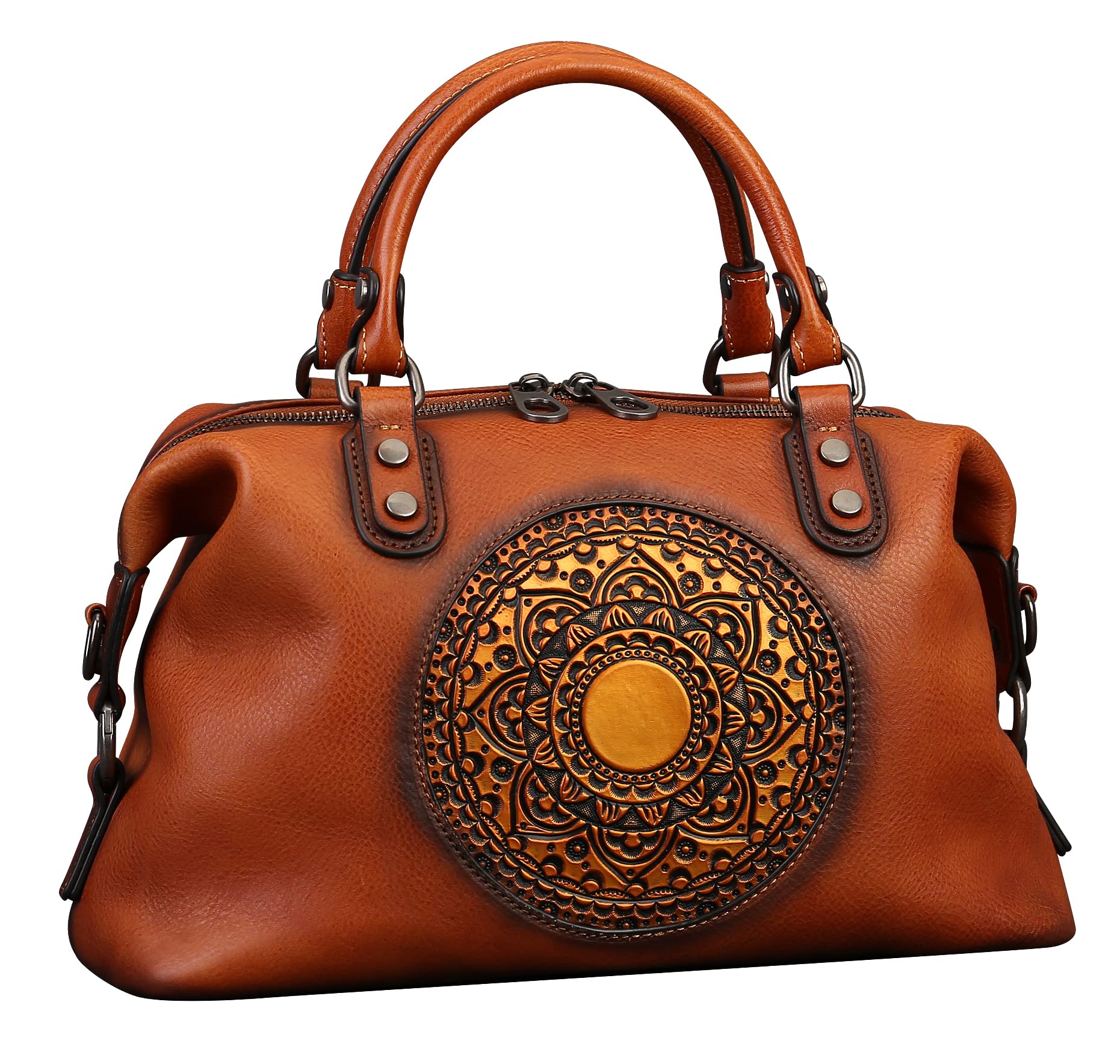 Leather Handbag for Women, Genuine Leather Purses Retro Mandela Crossbody Handbag Tote Bag (Retro Brown)