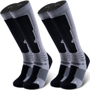 sitoisbe men's ski socks merino wool (pack of 2) for skiing, snowboarding, snow boots, winter warm, toe thermal, shin padded, comfy cushion, knee high, cold weather long socks, x-large, grey