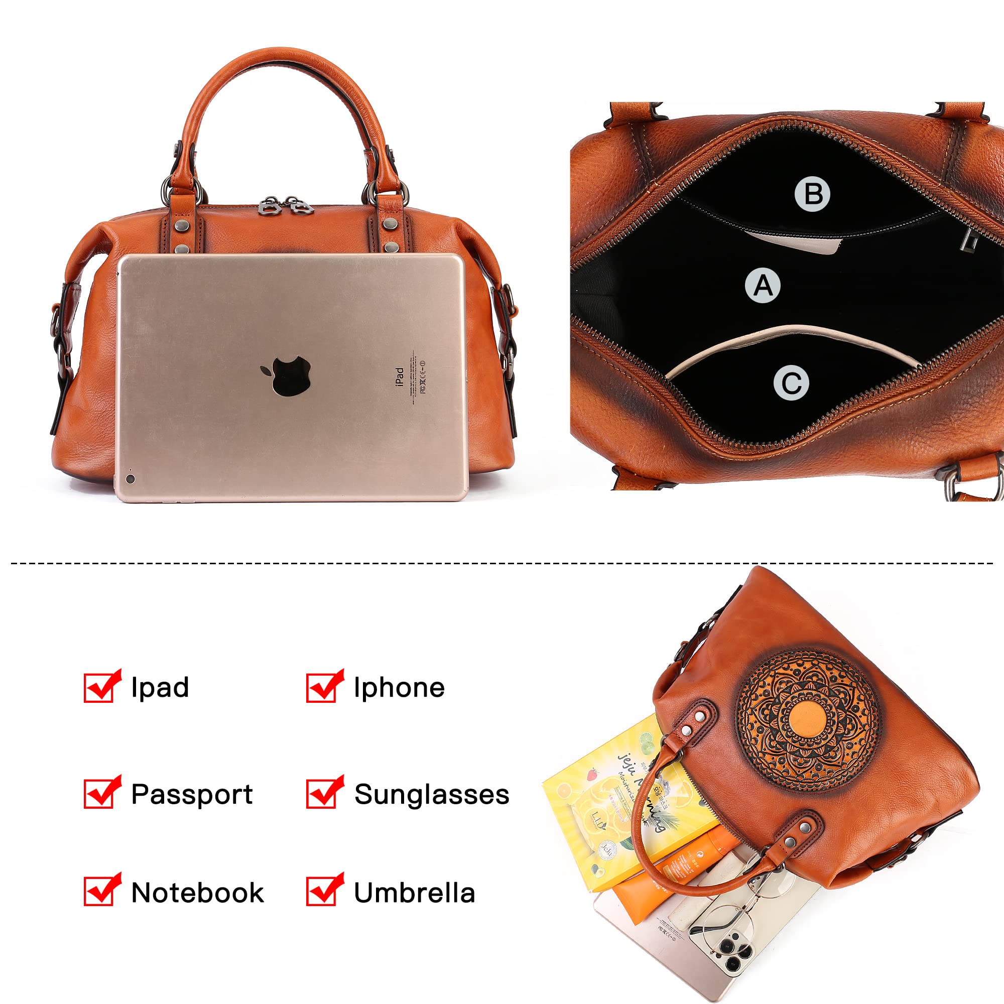 Leather Handbag for Women, Genuine Leather Purses Retro Mandela Crossbody Handbag Tote Bag (Retro Brown)