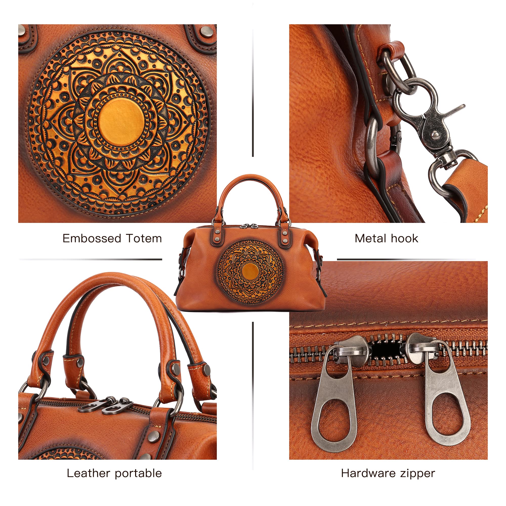 Leather Handbag for Women, Genuine Leather Purses Retro Mandela Crossbody Handbag Tote Bag (Retro Brown)