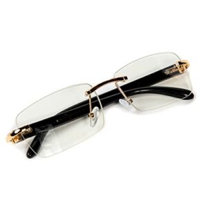 Vintage Small Clear Lens Rimless Retro Yellow Gold Plated Frame Hip Hop Rectangle Men Frameless 90’s Shades Black Arm Fashion Frameless Square Clear Tinted Glasses